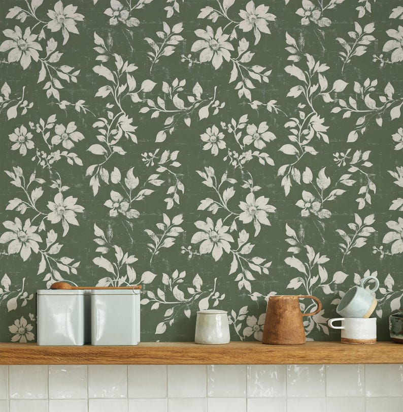 Sage Green Wallpaper Peel and Stick, Green Floral Wallpaper Removable ...