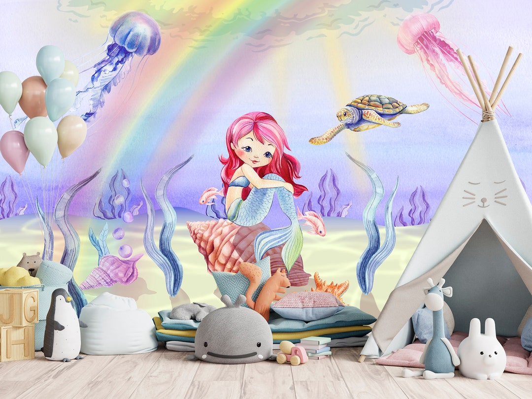 Mermaid Wallpaper Peel and Stick Colorful Sea Life Wall Mural Rainbow ...