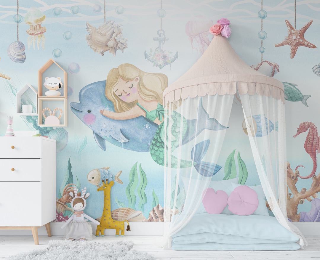 Mermaid Wallpaper Peel and Stick Colorful Sea Life Wall Mural - Etsy