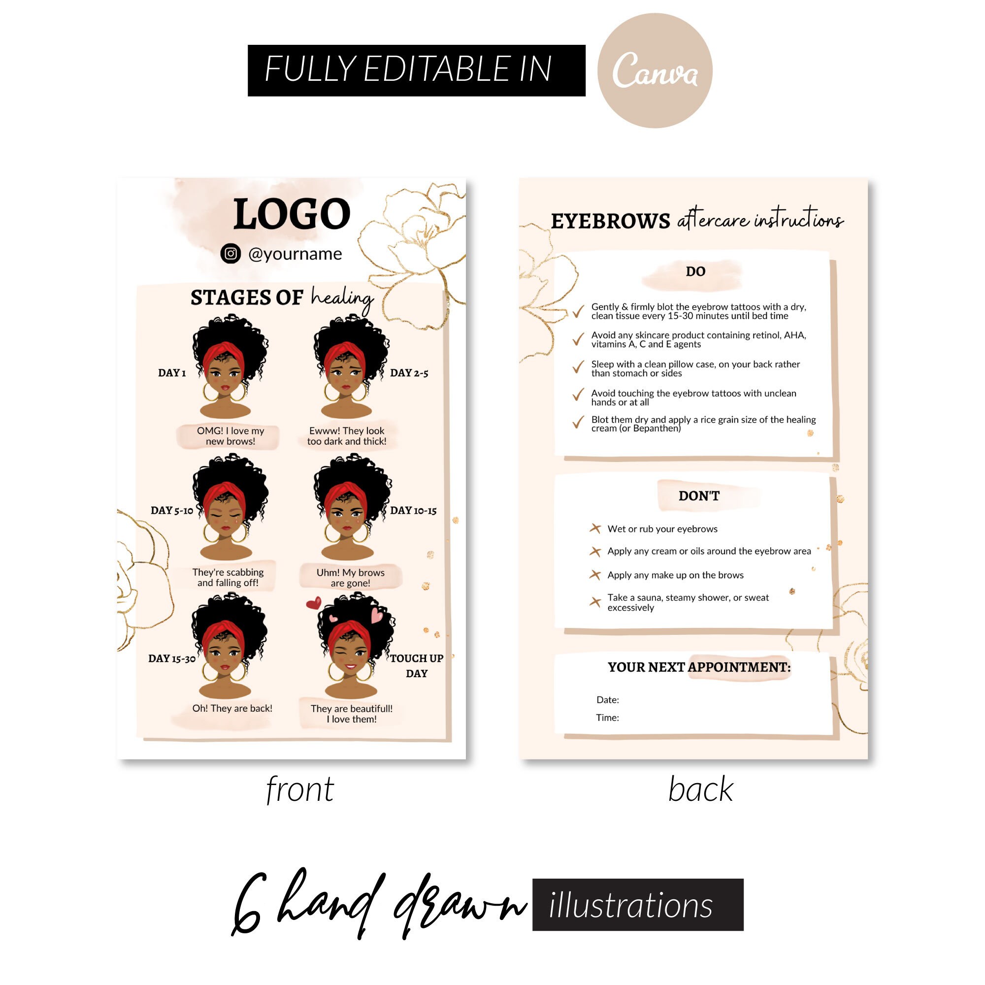 Editable Eyebrow Aftercare Cards, Original Hand Drawn Avatars, Canva ...