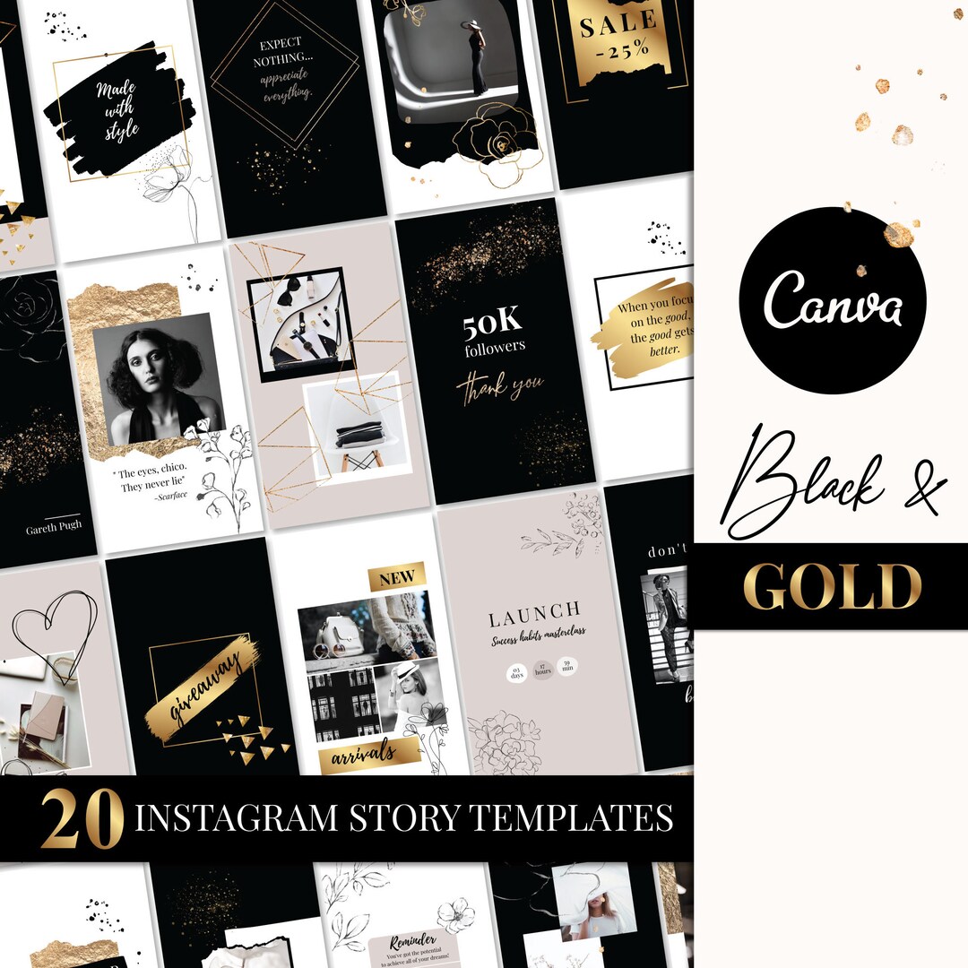 Instagram Story Templates Canva, Black and Gold, Instagram Stories ...