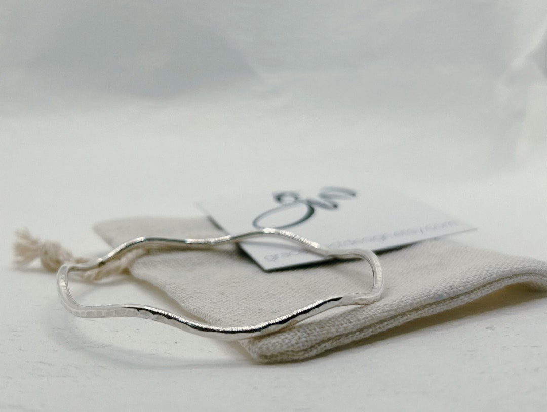 Sterling Silver Hammered Wave Bangle 925 Solid Handcrafted Stacking ...