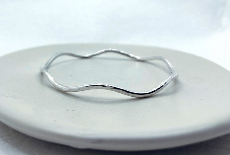 Sterling Silver Hammered Wave Bangle 925 Solid Handcrafted Stacking ...