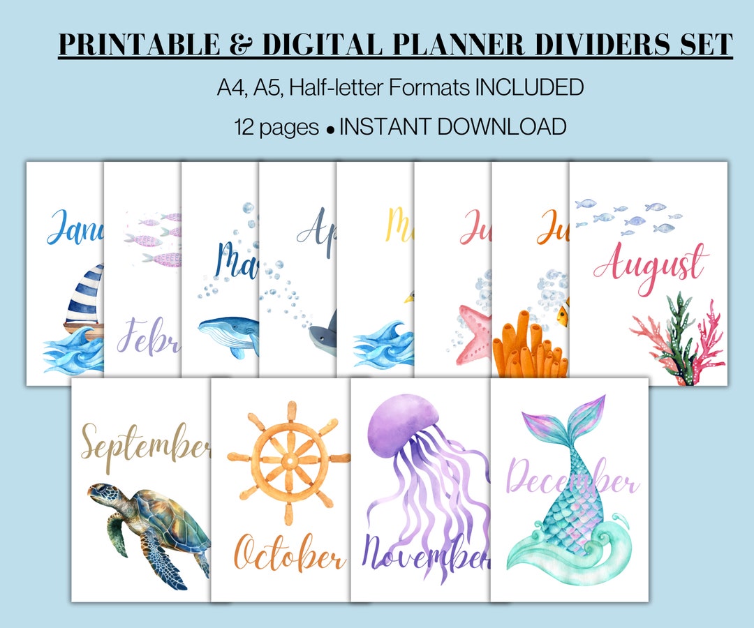 12 Monthly Planner Dividers Sea Illustrations, Monthly Dividers, Cover ...