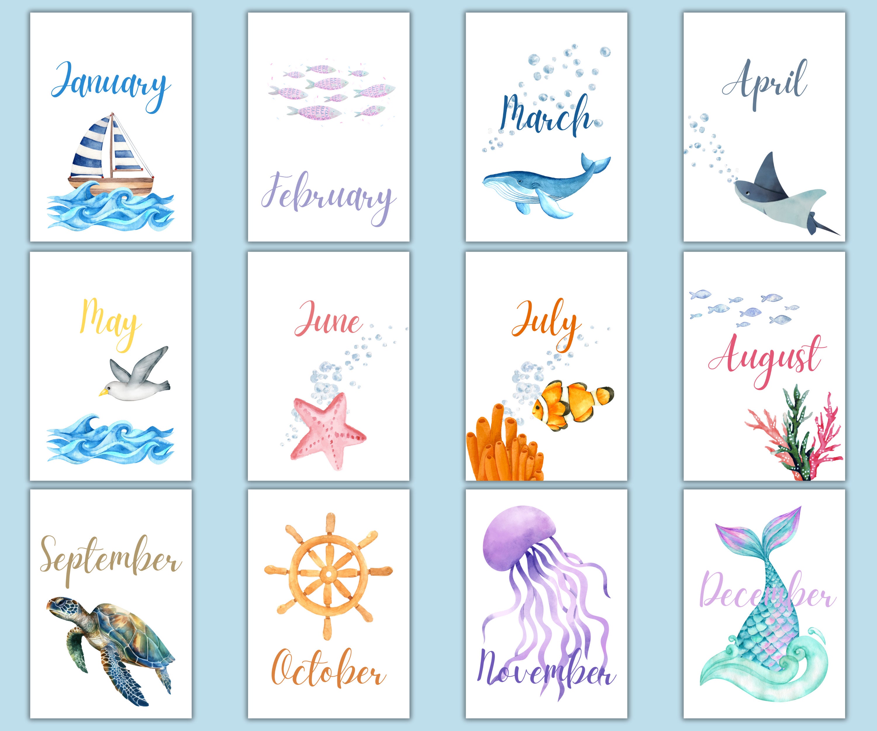 12 Monthly Planner Dividers Sea Illustrations, Monthly Dividers, Cover ...