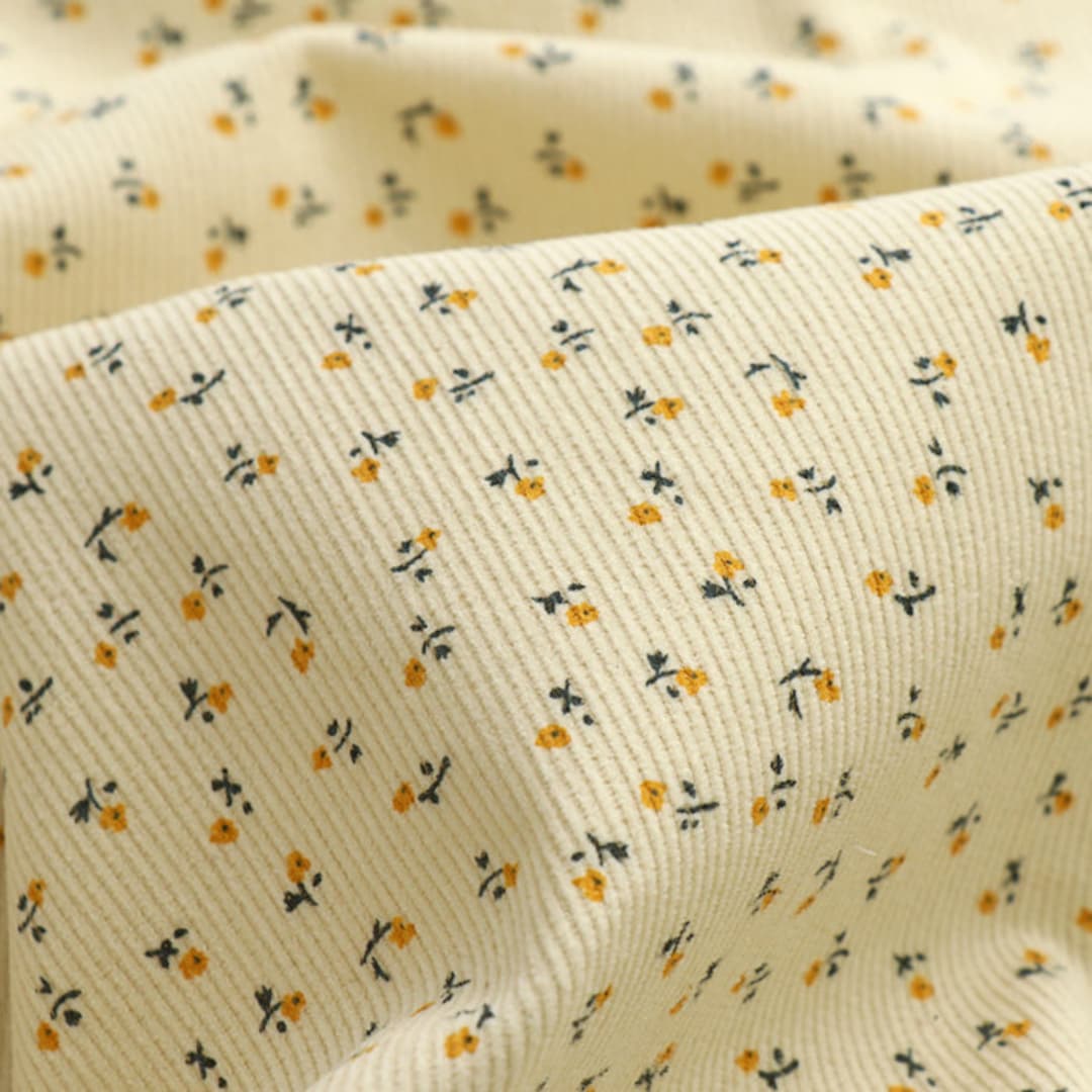 Floral Corduroy Fabric, Print Small Yellow Flower 100% Cotton Corduroy ...