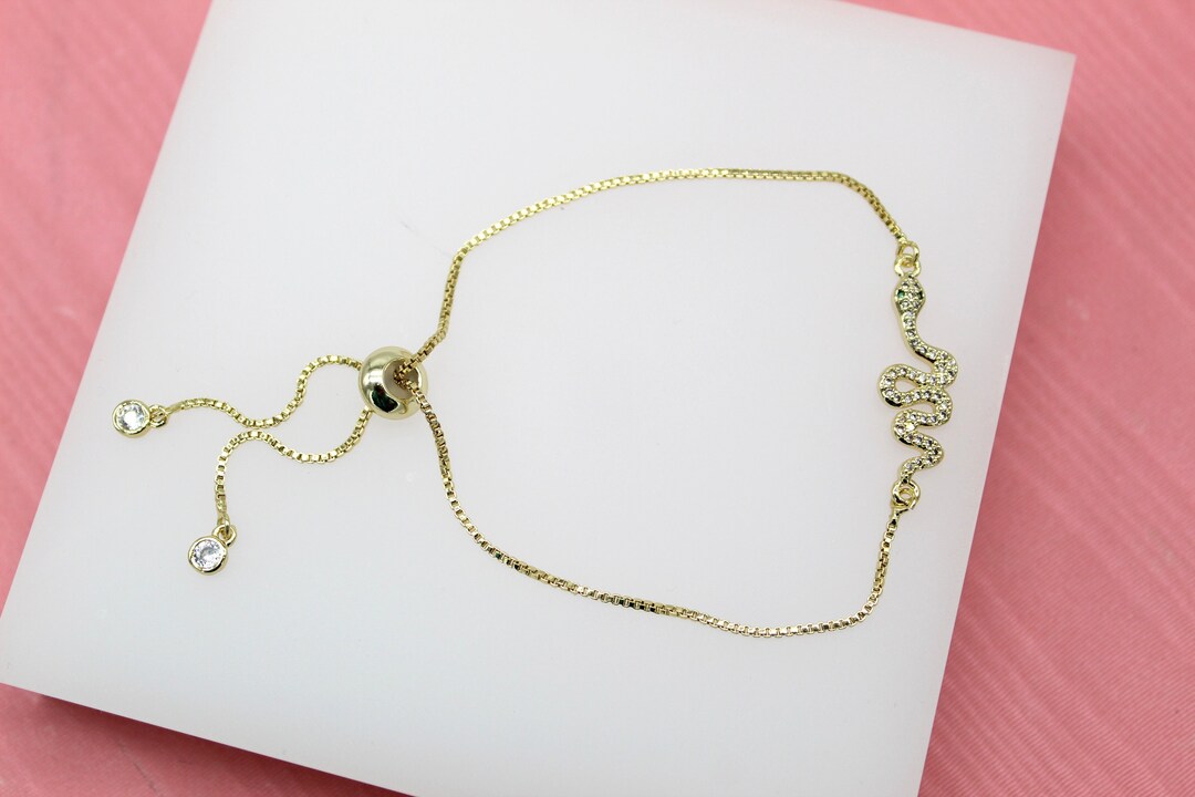 18K Gold Filled Adjustable Box Chain Bracelet With CZ Cubic Zirconia ...