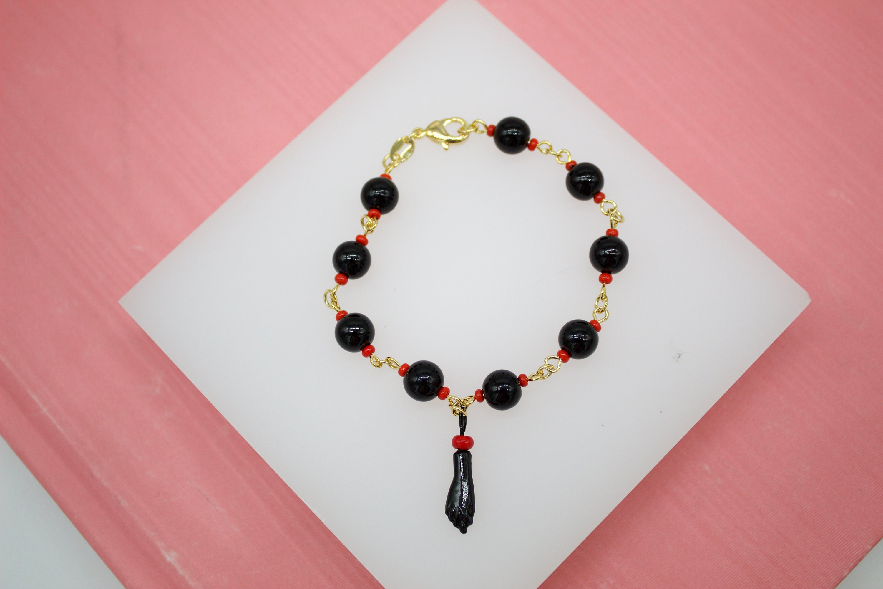 18K Gold Filled 7mm Azabache Bead Chain Bracelet With | Etsy