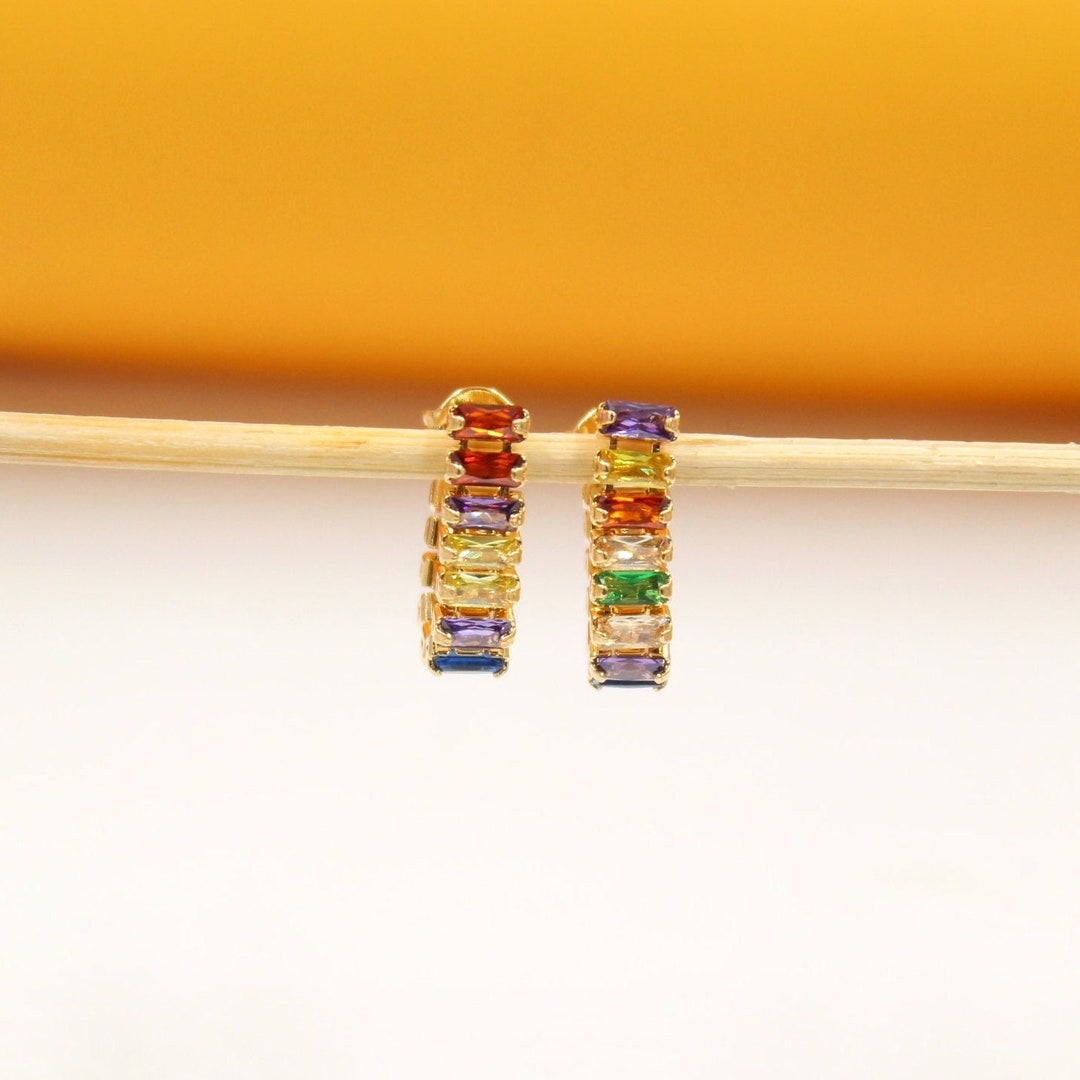 18K Gold Filled Colorful CZ Half Stud Earrings Gold Colorful Zirconia ...