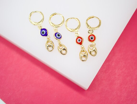 18K Gold Filled Evil Eye With Mariner Link French Lever Back | Etsy