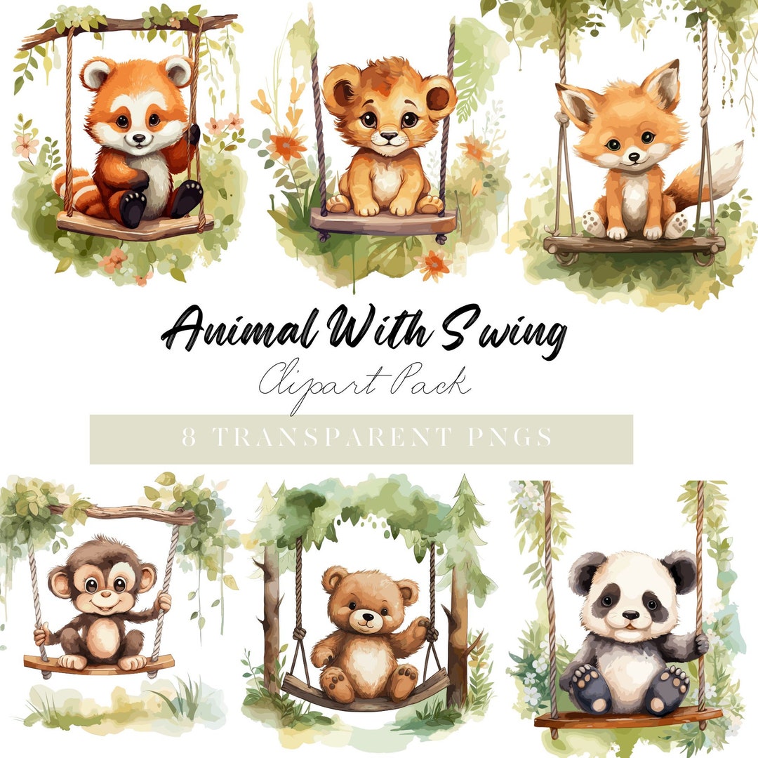 Watercolor Animal Sit on a Swing Clipart for Nursery Wall, Nursery ...