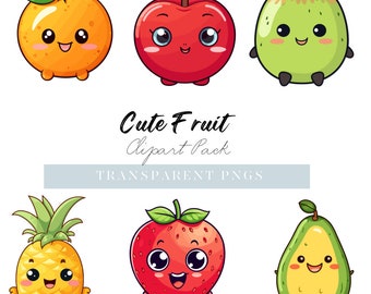 Cute Fruit, Kawaii Fruit Clipart, Strawberry, Apple, Watermelon ...