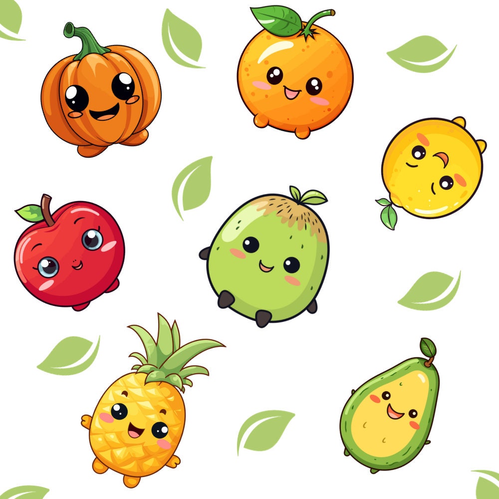 Cute Fruit Clipart, Kawaii, Lemon, Watermelon, Pineapple, Orange ...