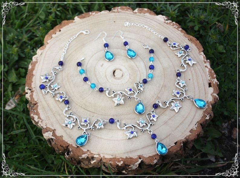 Elven Fantasy Necklace Set With Ivy Leaves, Rhinestone Drop Charms and ...