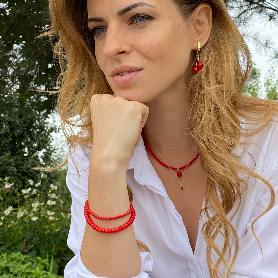 Red Coral Choker Necklace, Gold Plated Sterling Silver Dainty Necklace ...