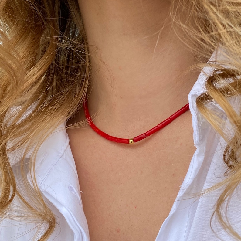 Red Coral Choker Necklace, Gold Plated Sterling Silver Dainty Necklace ...