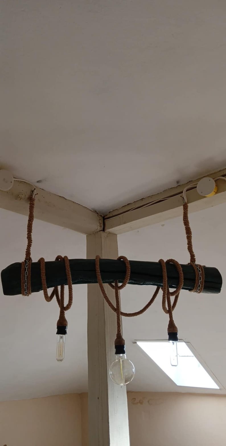 Wooden Hanging Lamp in a Rustic Style, on Chains With Decorative Edison ...