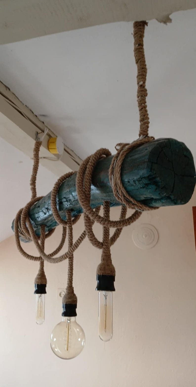Wooden Hanging Lamp in a Rustic Style, on Chains With Decorative Edison ...