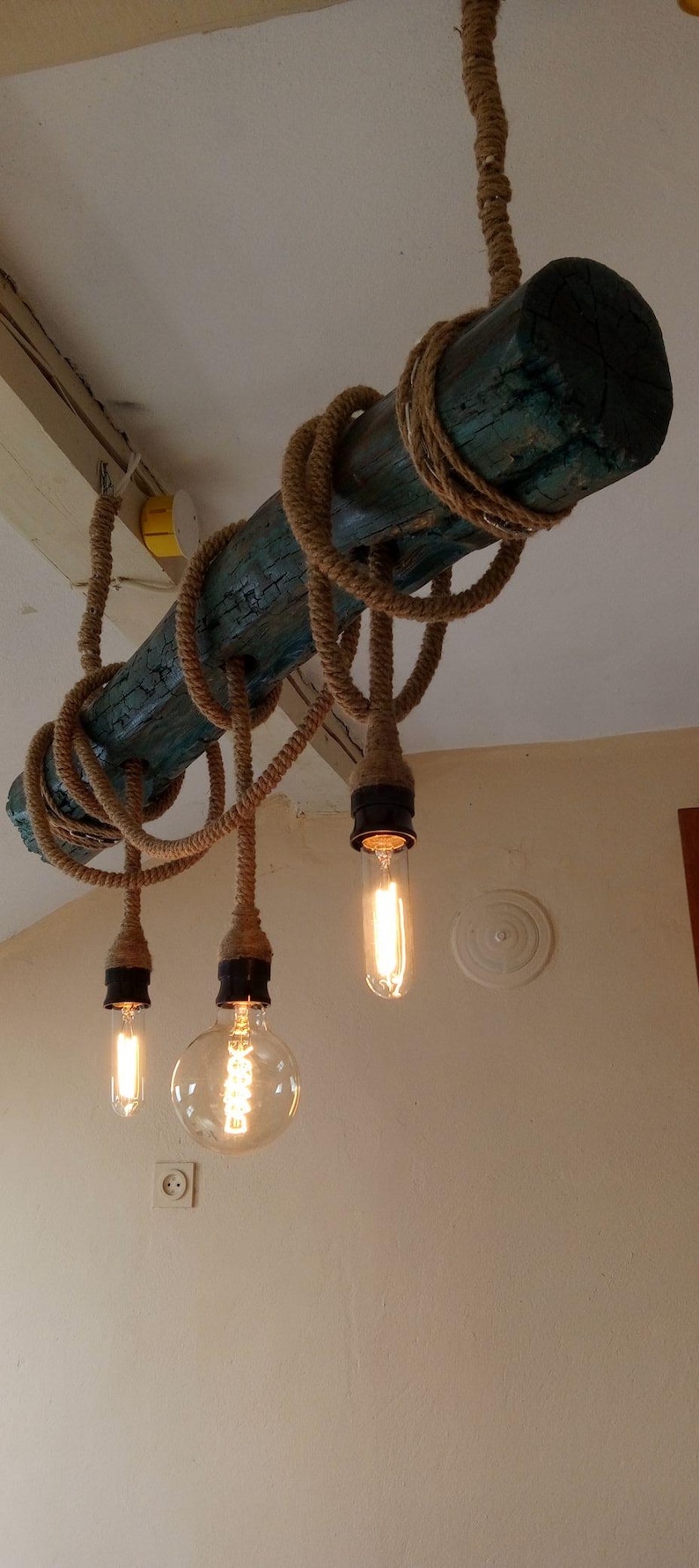 Wooden Hanging Lamp in a Rustic Style, on Chains With Decorative Edison ...