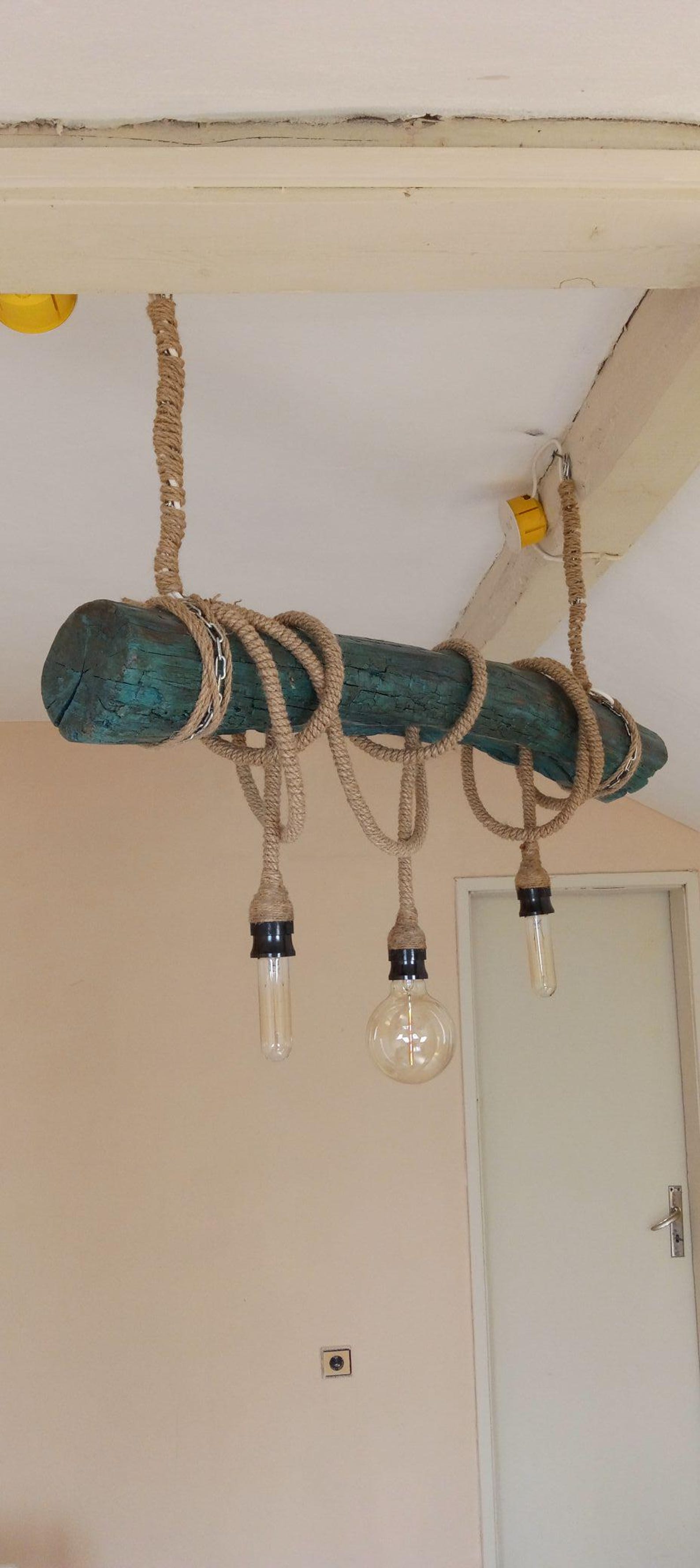 Wooden Hanging Lamp in a Rustic Style, on Chains With Decorative Edison ...