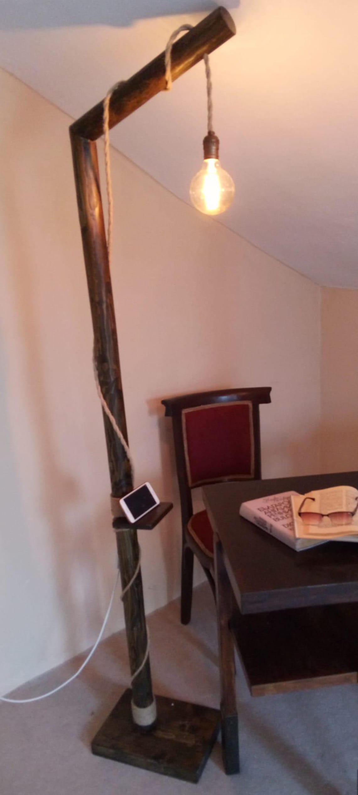 Large Handmade Wooden Floor Lamp, Rustic Style,retro Bulb and Socket ...