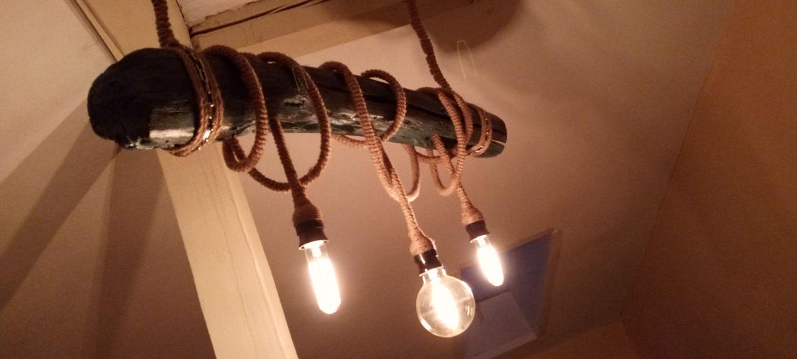Wooden Hanging Lamp in a Rustic Style, on Chains With Decorative Edison ...