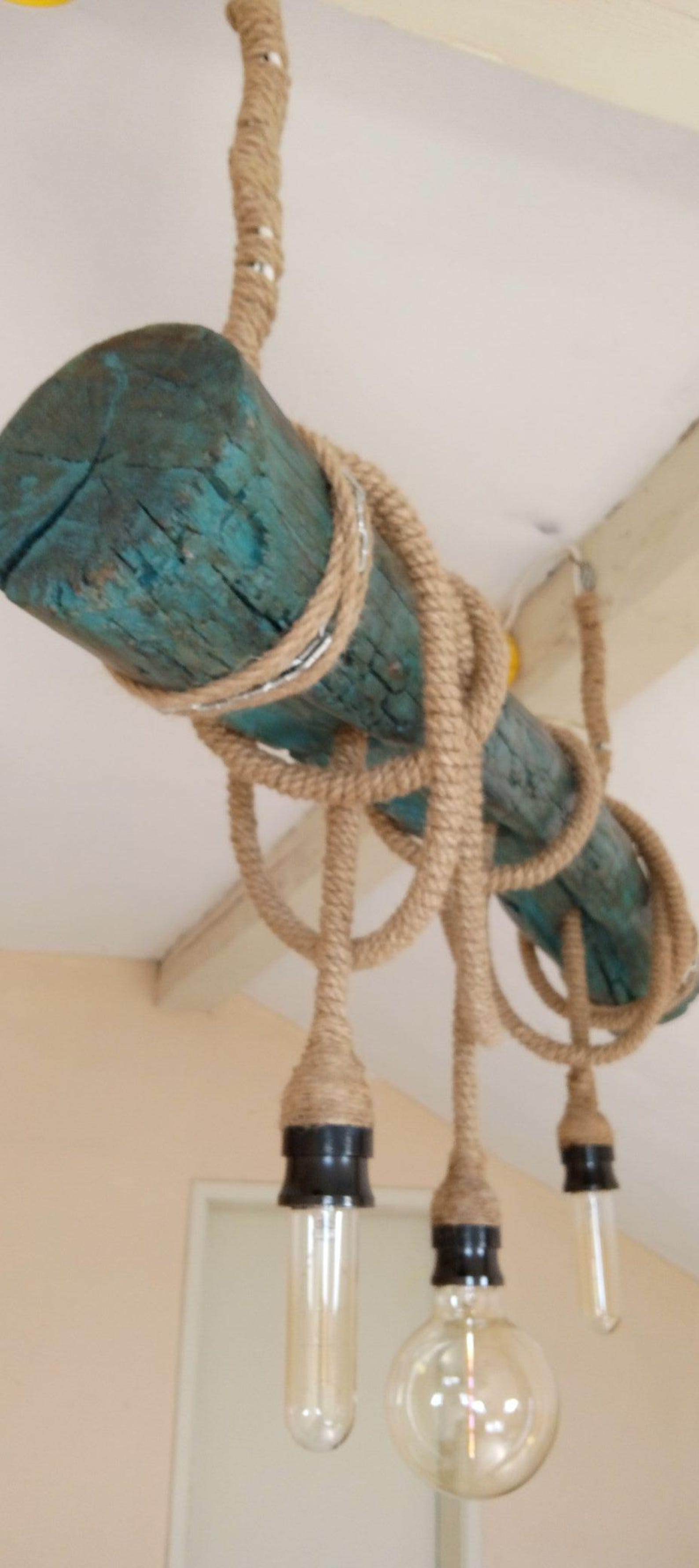 Wooden Hanging Lamp in a Rustic Style, on Chains With Decorative Edison ...