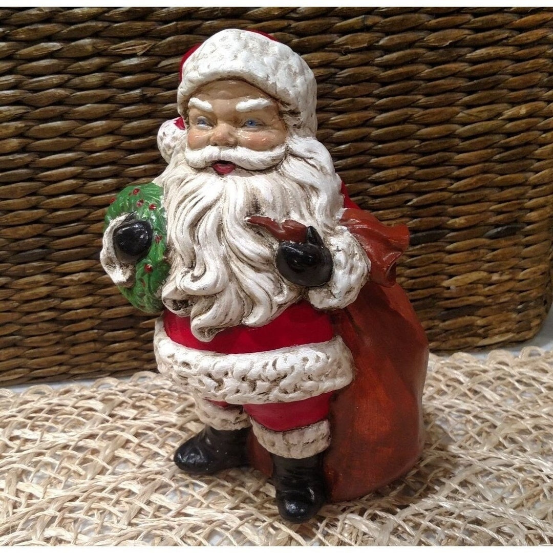 Vintage Plaster Santa Claus W/ Wreath and Santa Bag, Jolly, EUC - Etsy