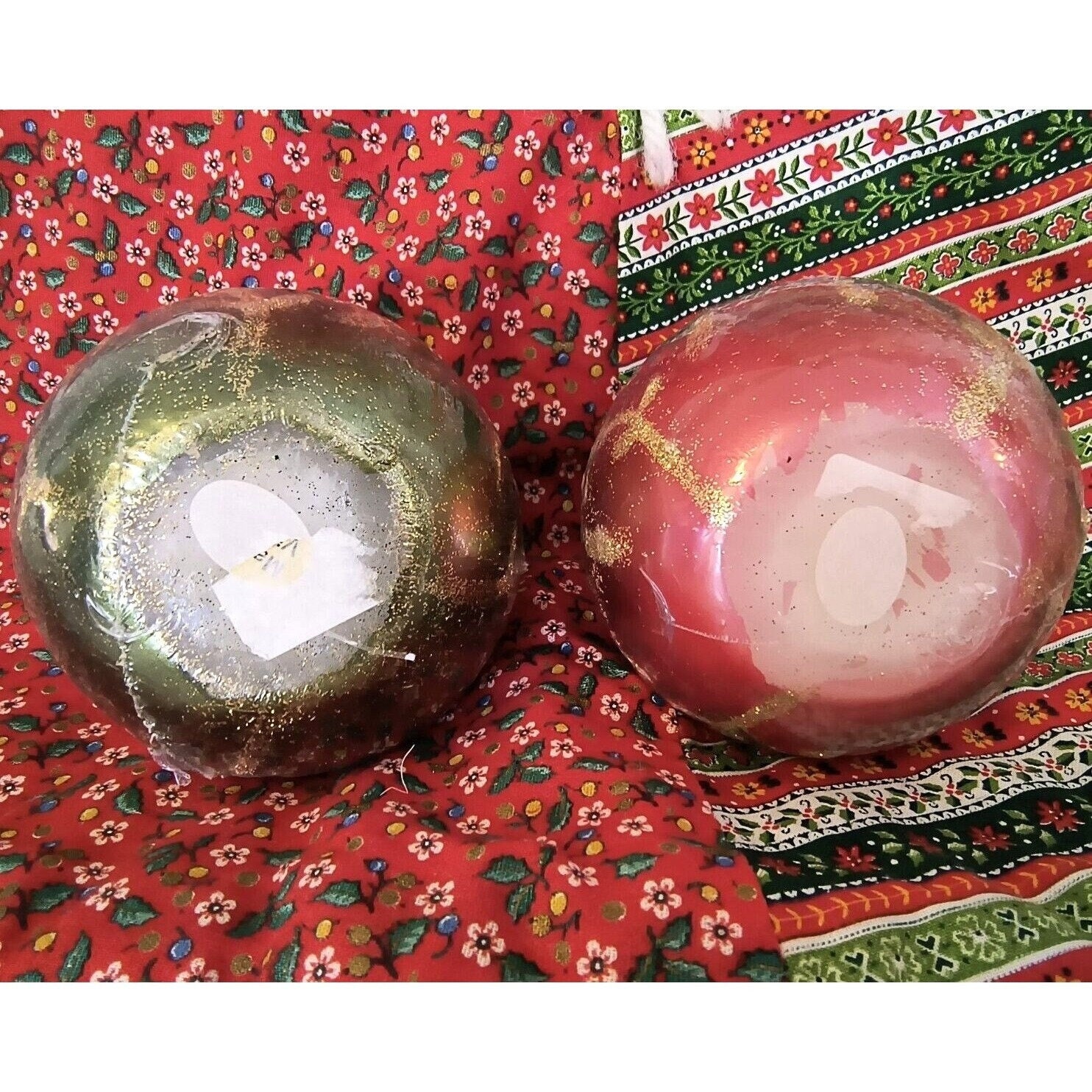 Red and Green Sphere Candles W/ Gold Scroll Glitter, Vintage Candle ...