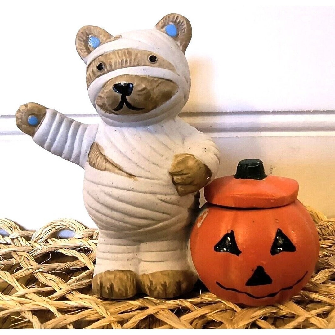 Halloween Mummy Teddy Bear W/ Jack-o'-lantern Tiny Candle, EUC - Etsy