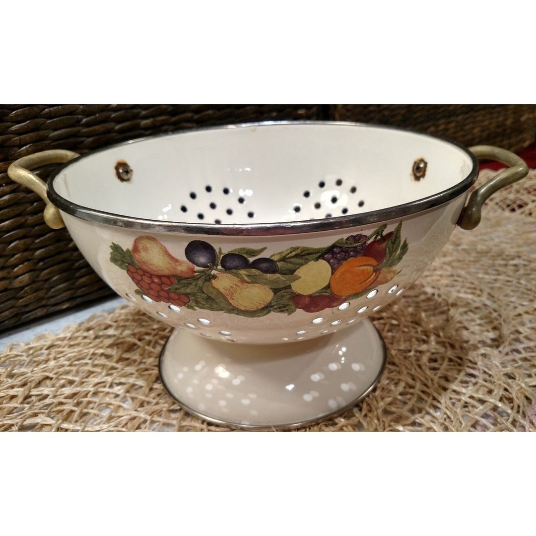 Vintage French Country Colander, Regency White Enamel Fruit Colander ...