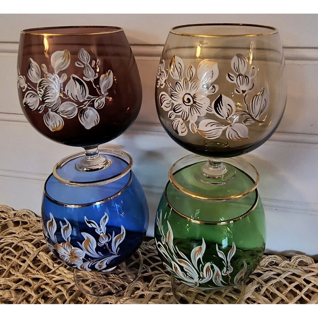 SET/4 Cordial Glasses, Mini Brandy Snifter, Hand Painted, 22k Gold Trim ...