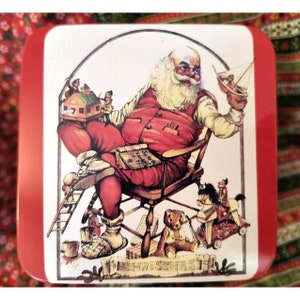 SET/3 Santa Tins, Square Graduating Tins, Santa in Toy Workshop, Santa ...