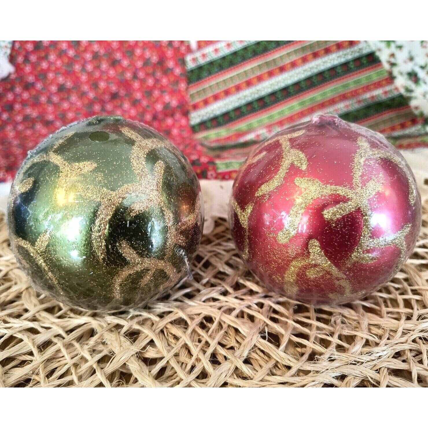 Red and Green Sphere Candles W/ Gold Scroll Glitter, Vintage Candle ...
