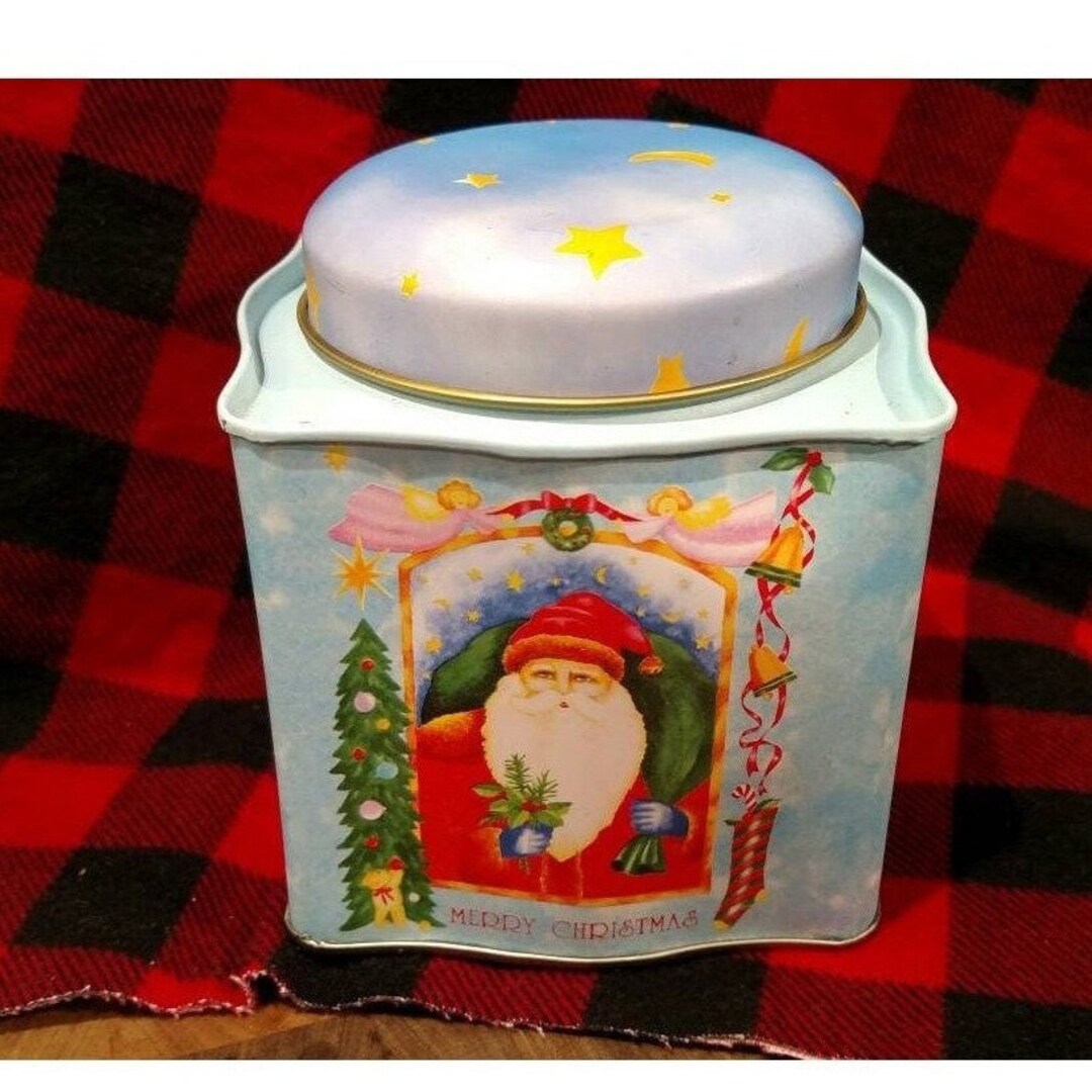 Vintage Merry Christmas Santa Tin W/ Angels, Wreaths, Bells, Christmas ...