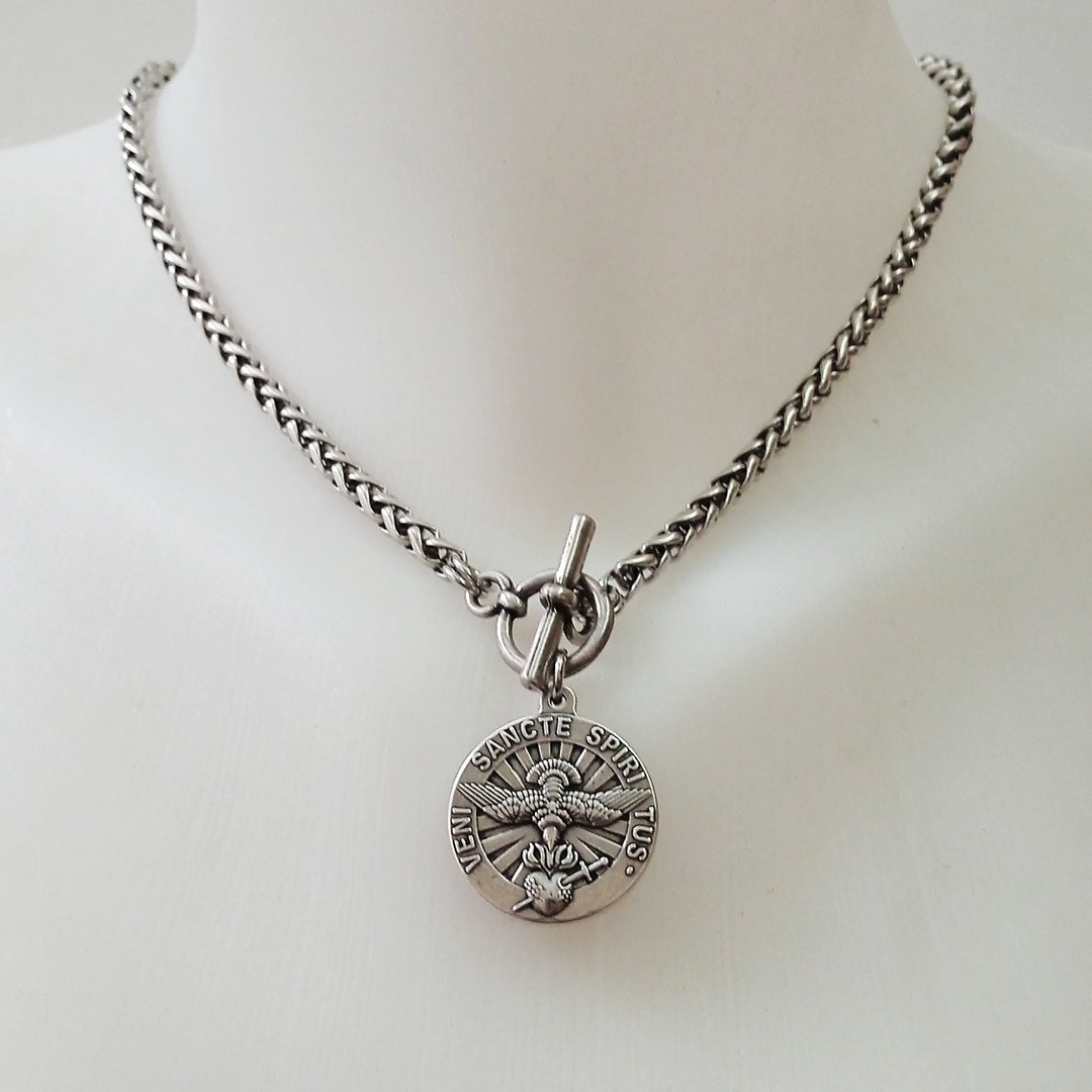 Silver Necklace With Toggle Clasp and Silver Coin Pendant, Toggle ...