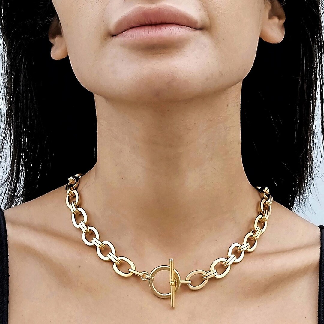 Gold Chain Necklace With Toggle Clasp, Toggle Necklace, Gold Toggle ...