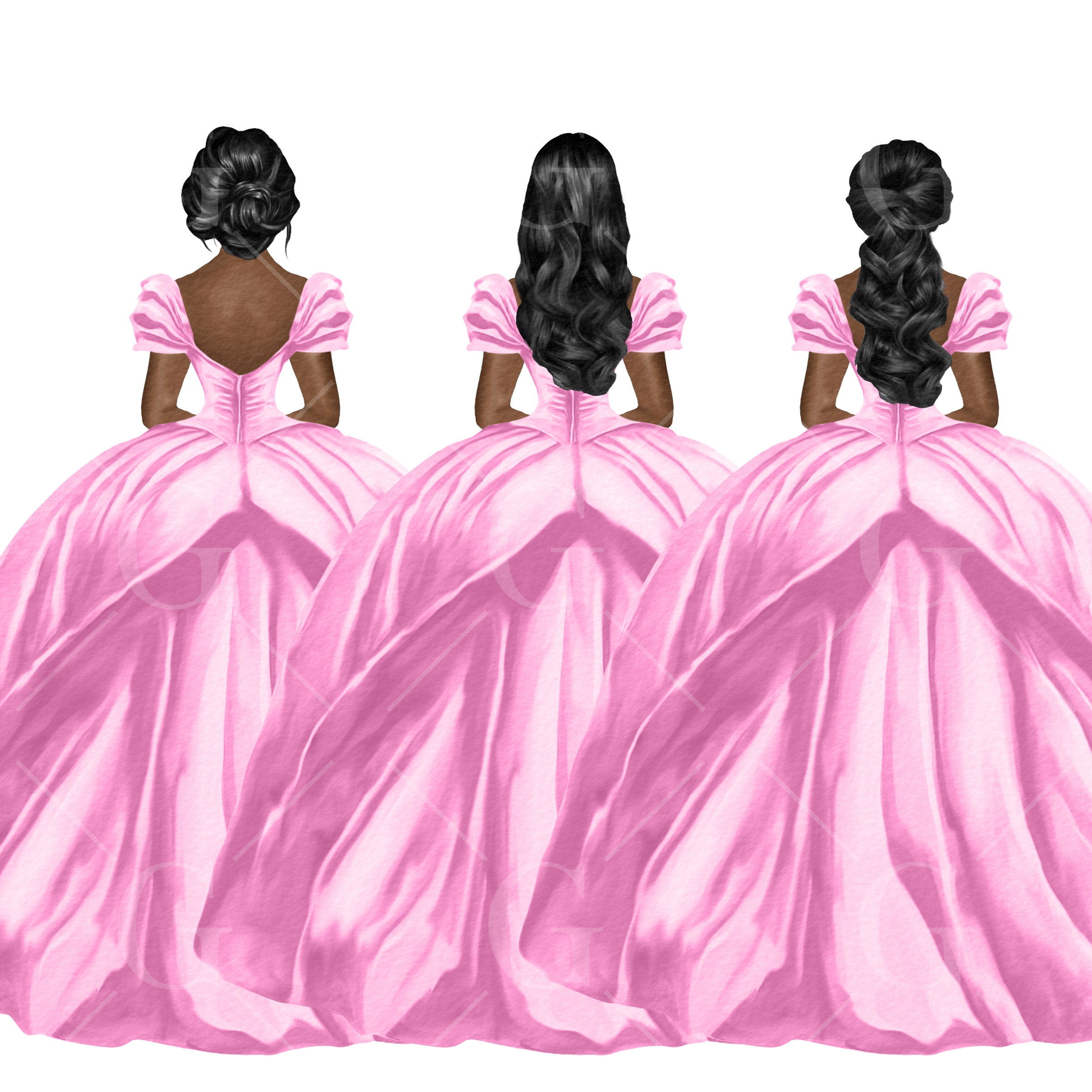 African American Princess Pink Dress Clipart, Watercolor Ball Gown ...