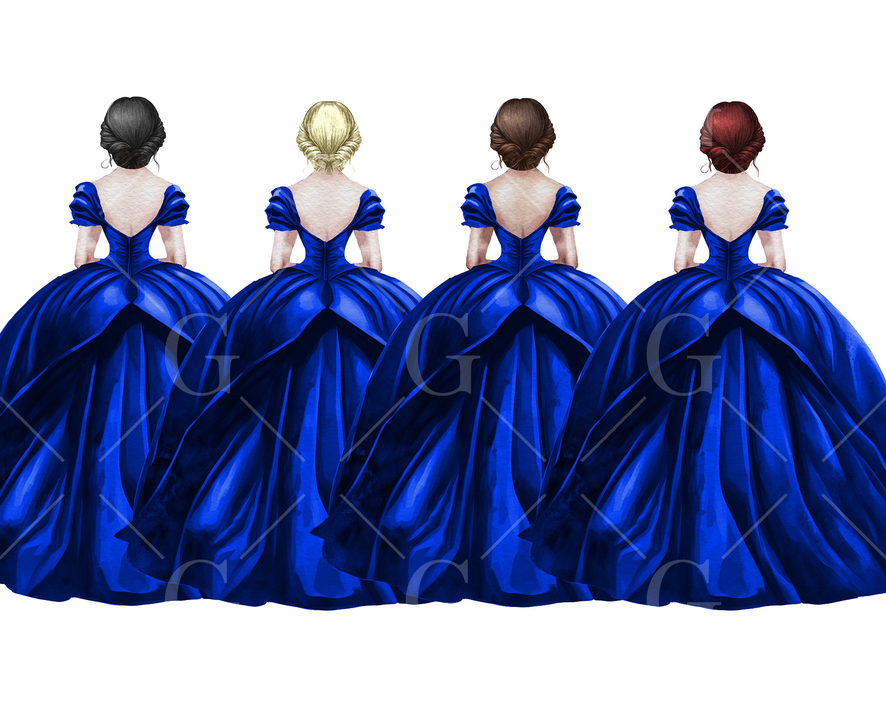 Royal Blue Princess Dress Clipart, Watercolor Ball Gown, Bridesmaid ...