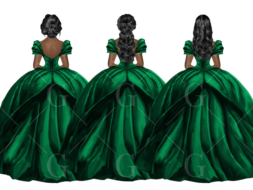 African American Princess Emerald Dress Clipart, Watercolor Ball Gown ...