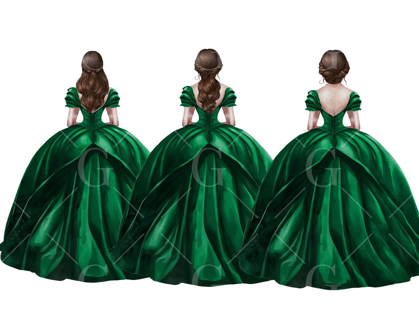 Emerald Princess Dress Clipart, Watercolor Ball Gown, Bridesmaid ...
