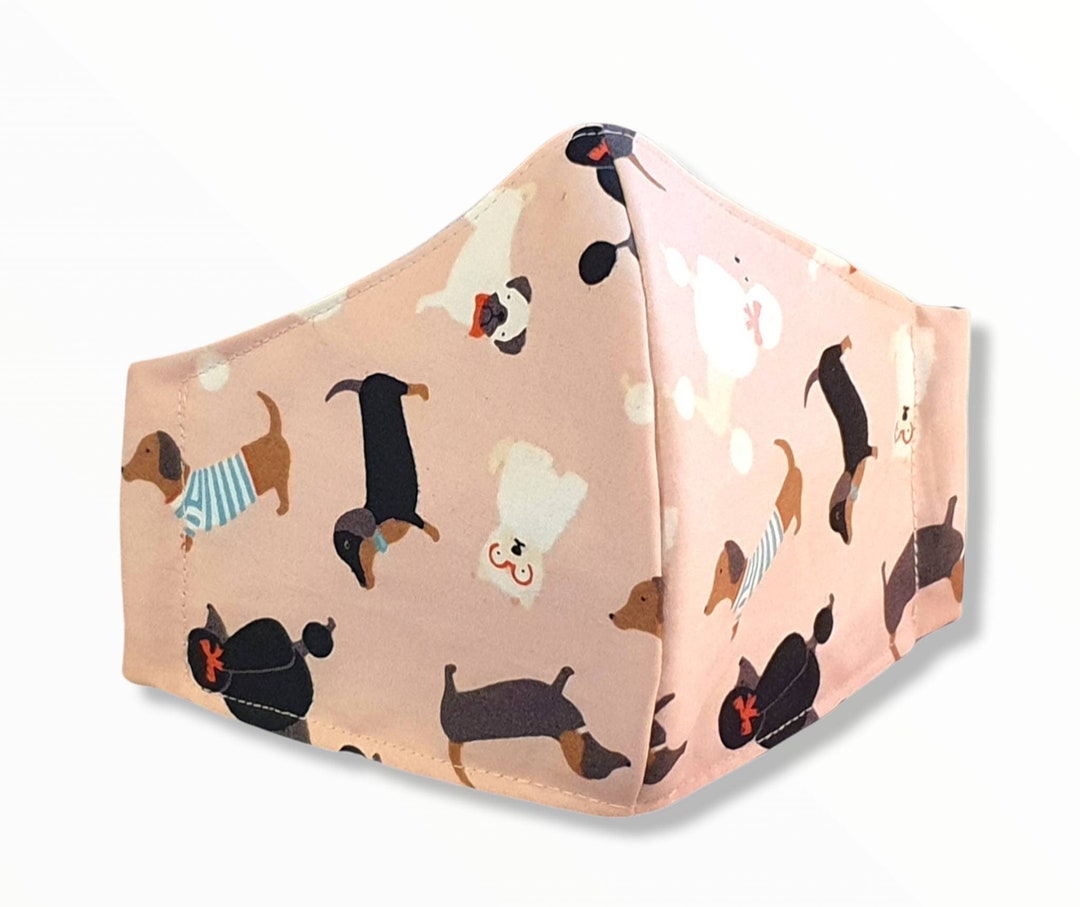 3 Layers Pink Dogs Face Mask, Filter Pocket, Adjustable Straps, 100% ...