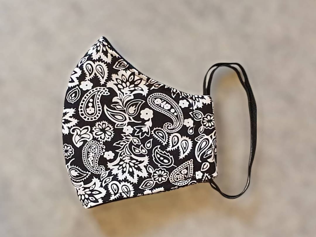 3 Layers Black Paisley Face Mask, Filter Pocket, Adjustable Straps, 100 ...