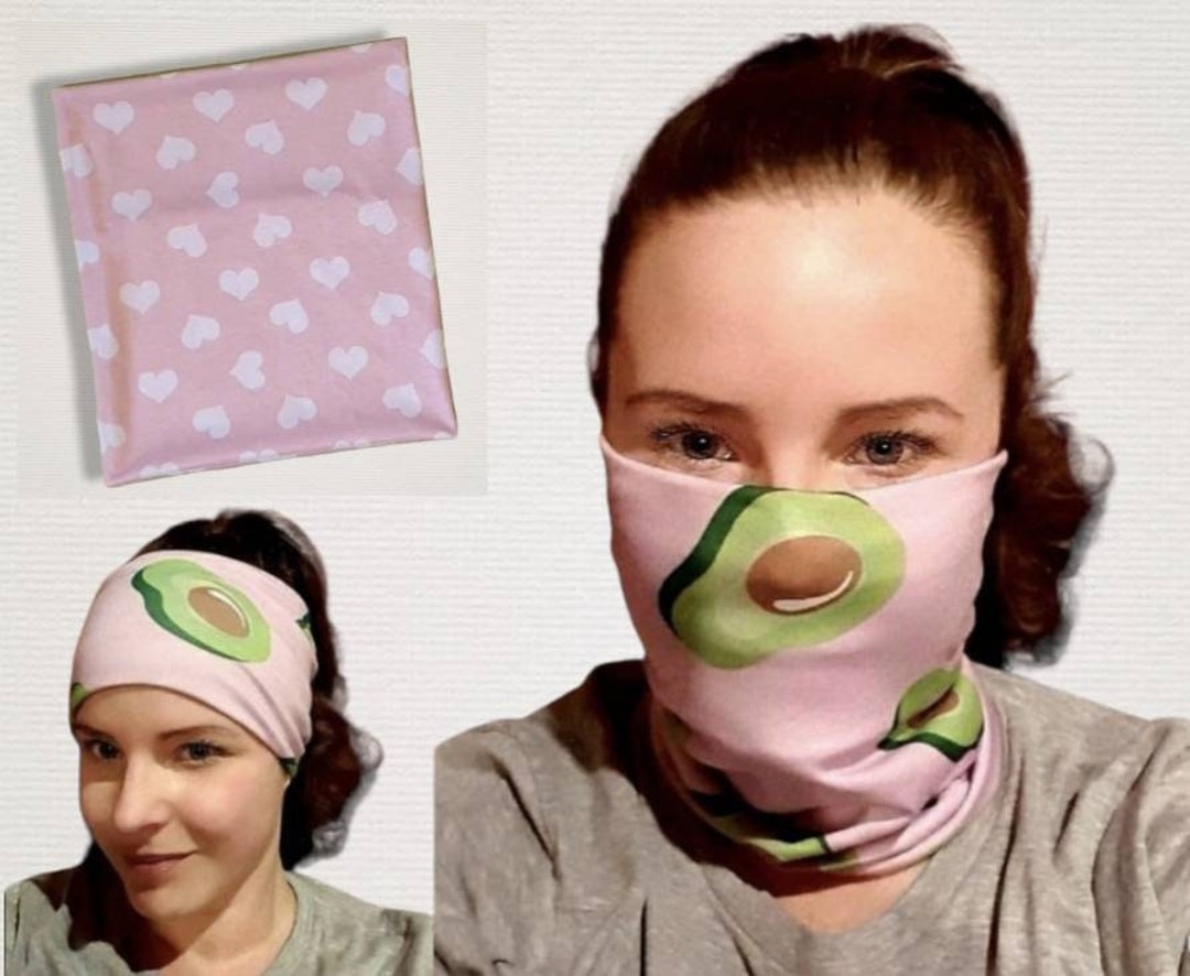 2 Layers Snood Mask, Snood, Neck Gaiter, Headband, Avocado, Pink Hearts ...