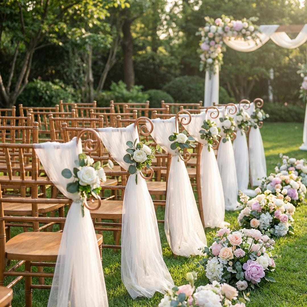 White Tulle Wedding Chair Decor, Eucalyptus Chair Sashes, Gauze Chair ...