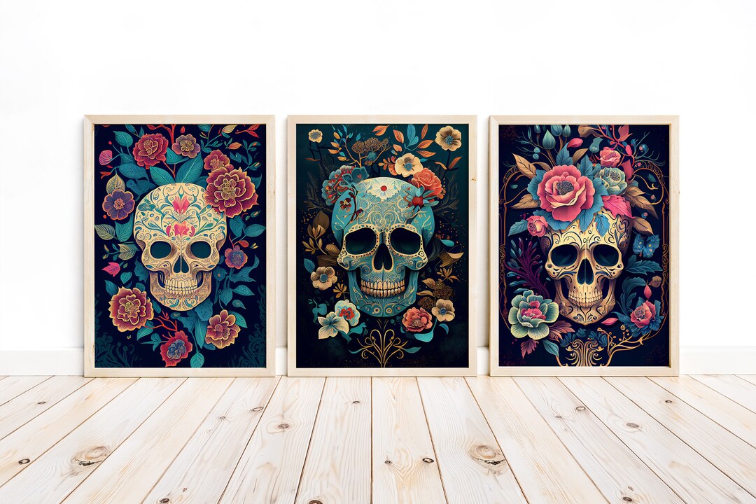 Skull Print Set of 3, Skull Decor, Skull Wall Art, Floral Skull Print ...