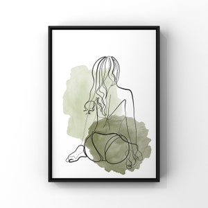 Green Female Line Drawing Prints, Sage Green Prints, Woman Line Art ...