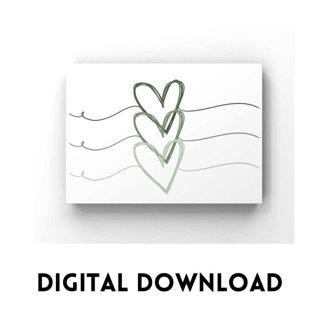 Green Triple Love Heart Print, Heart Wall Decor, Love Print, Sage Green ...