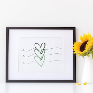 Sage Green Love Heart Print, Green Triple Love Heart Print, Minimal ...