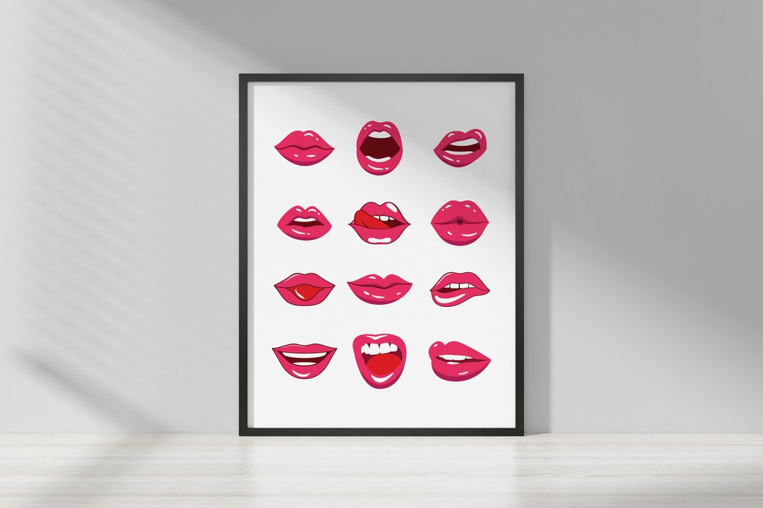 Lips Print, Female Line Art, Pop Art, Pink Lips, Fashion Poster, Pink ...